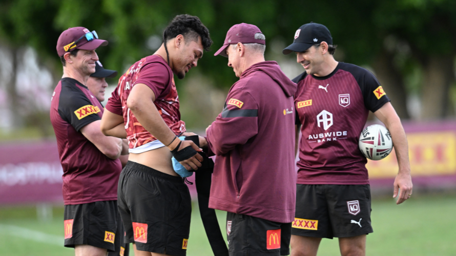 Nanai on ice after hip knock at Maroons training