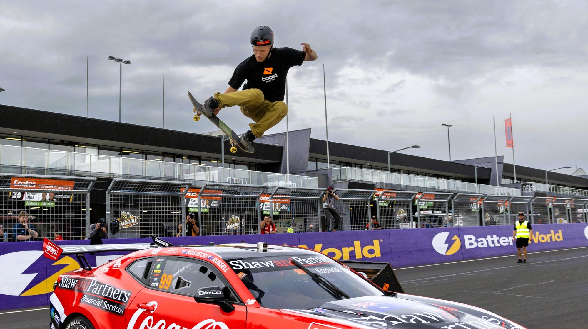 Champion skateboarder jumps Supercar ahead of Gold Coast 500